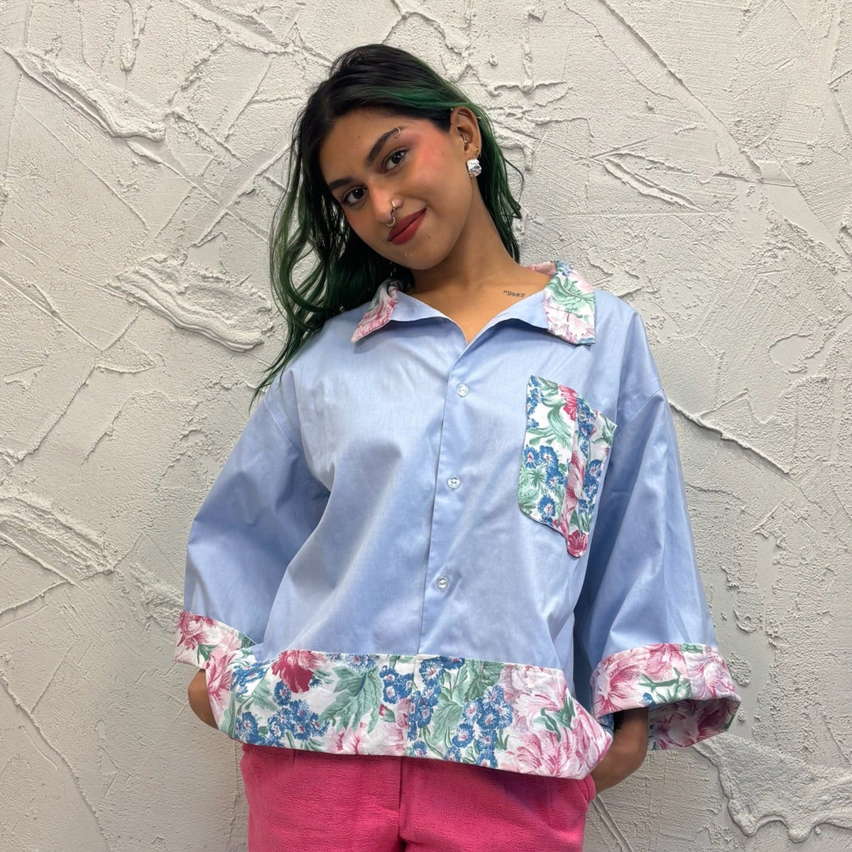 Upcycled Baby Blue Top with Vintage Floral Details – Double Take