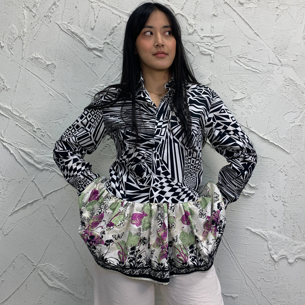 Upcycled Black and White Graphic Print with Floral Print Ruffle Shirtd ...